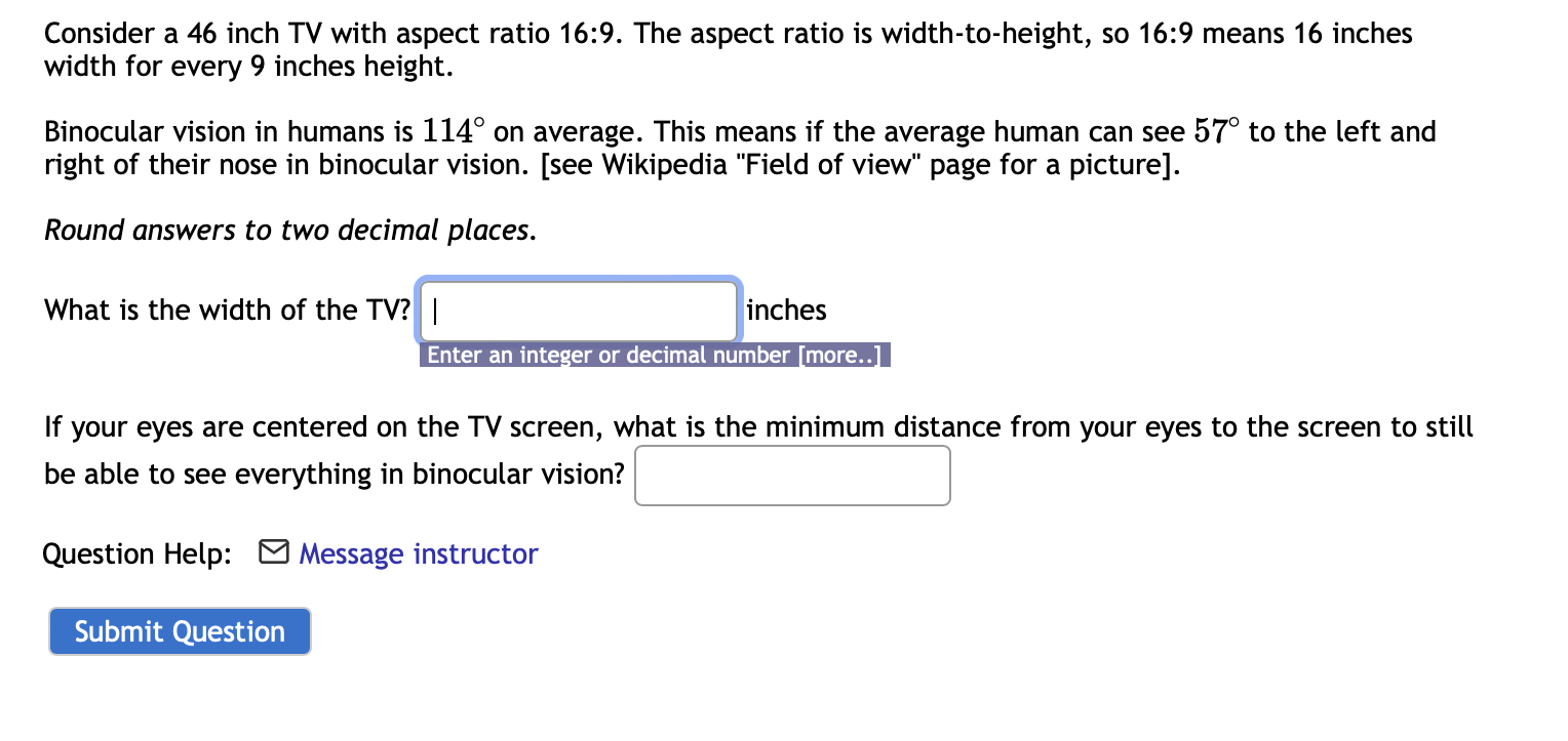 Solved Consider a 46 inch TV with aspect ratio 16:9. The | Chegg.com