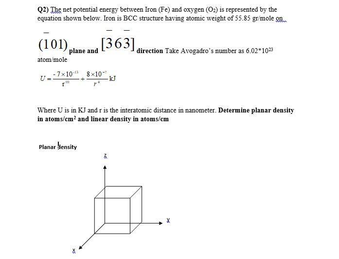 (2) The net potential energy between Iron (Fe) and | Chegg.com