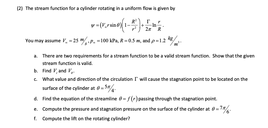 Solved (2) The stream function for a cylinder rotating in a | Chegg.com