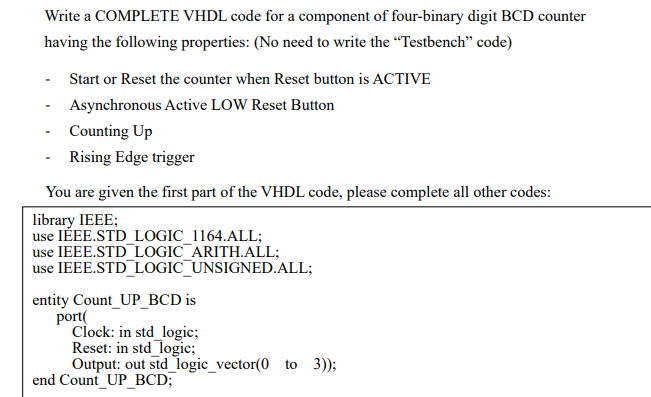 Solved Write a COMPLETE VHDL code for a component of | Chegg.com