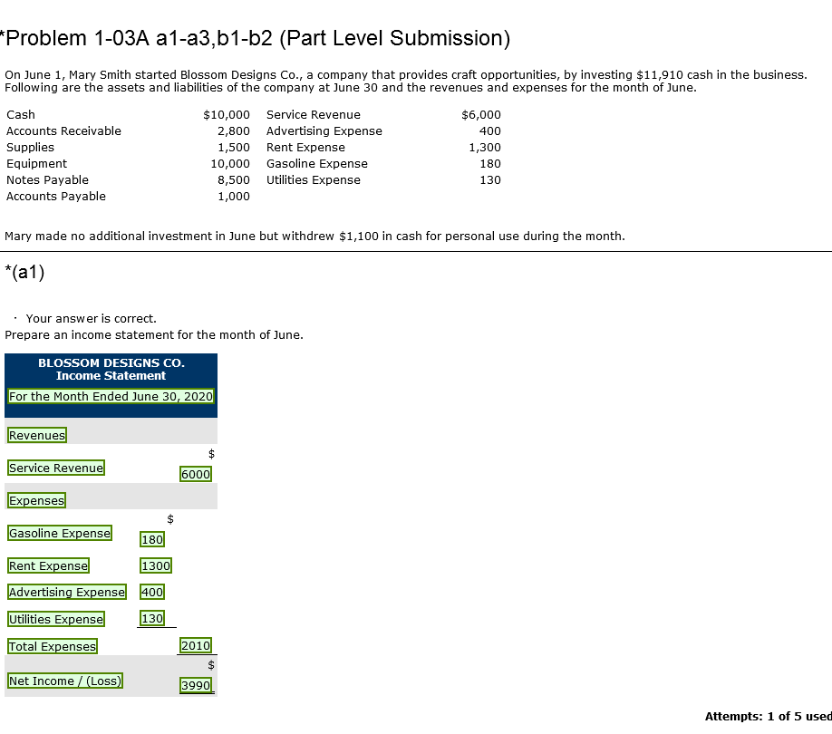 Solved *Problem 1-03A a1-a3,b1-b2 (Part Level Submission) On | Chegg.com