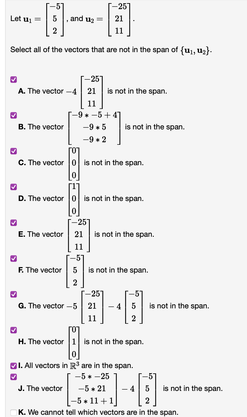 Solved Let u1=⎣⎡−552⎦⎤, and u2=⎣⎡−252111⎦⎤ Select all of the | Chegg.com