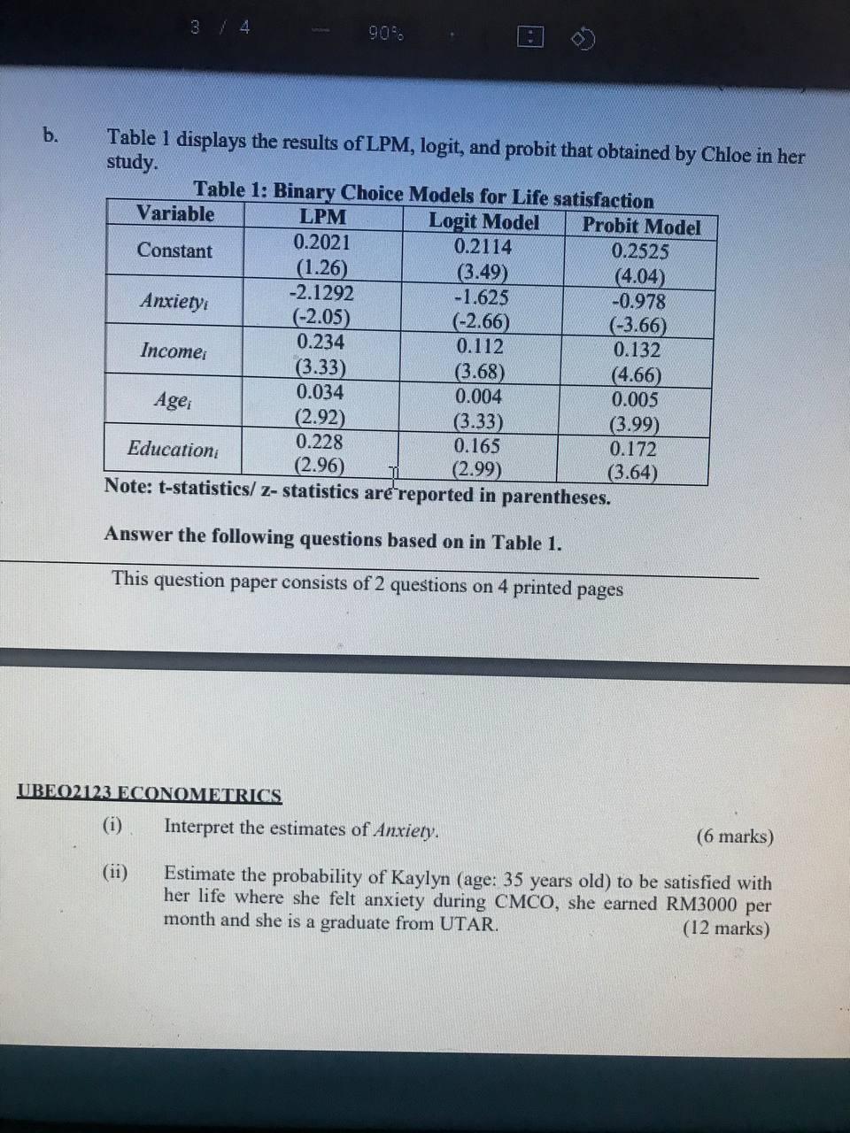 Solved 34 90% b. Table 1 displays the results of LPM, logit, | Chegg.com