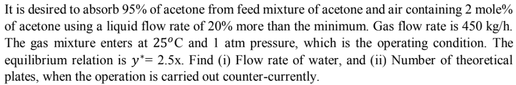 Solved It is desired to absorb 95% of acetone from feed | Chegg.com
