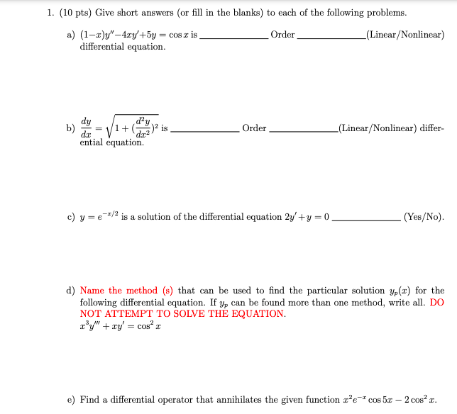 Solved 1. (10 pts) Give short answers (or fill in the | Chegg.com