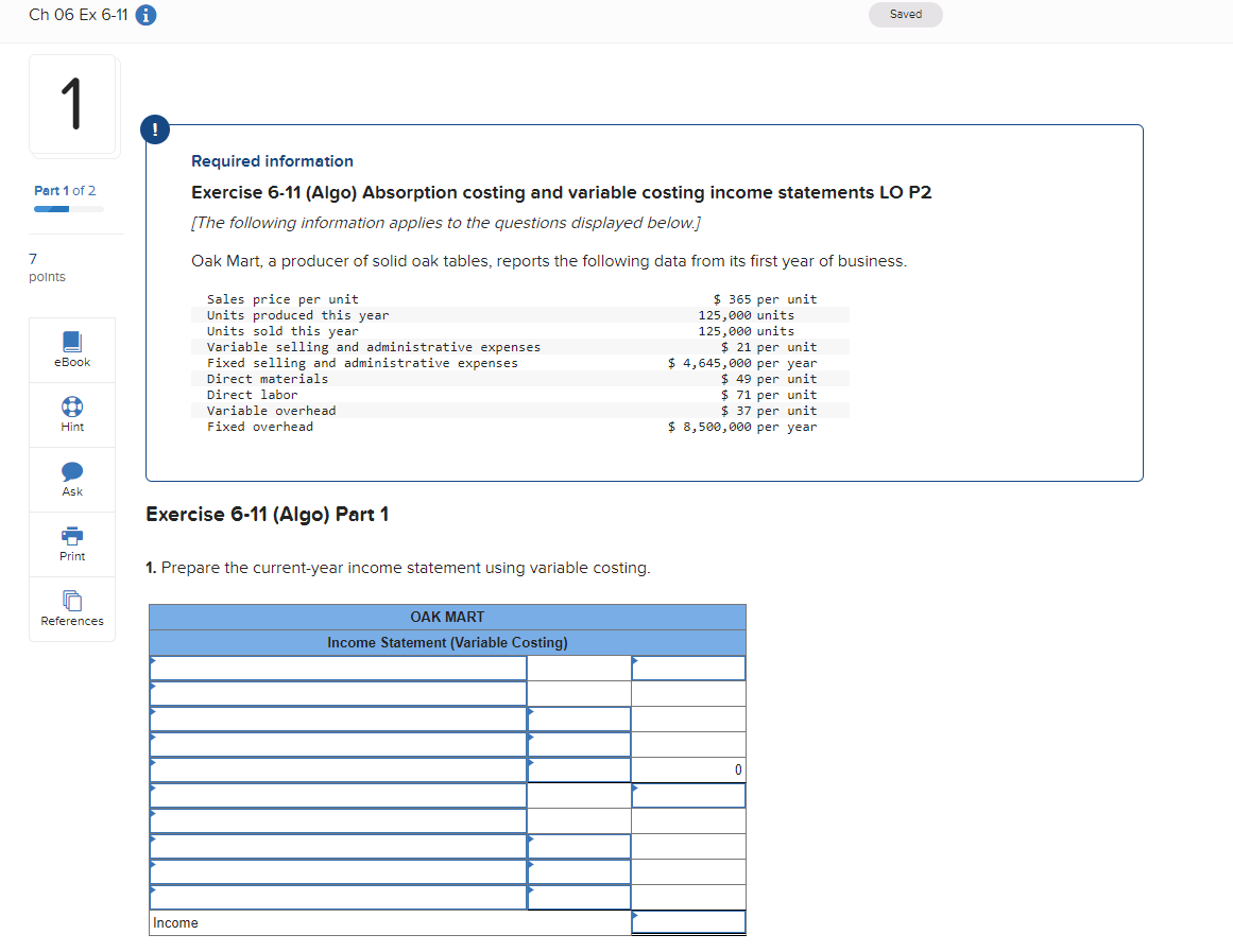 Solved Exercise 6 11 Algo Absorption Costing And Variable