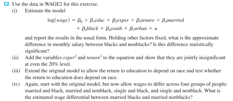 Solved C2 Use the data in WAGE2 for this exercise. (i) | Chegg.com