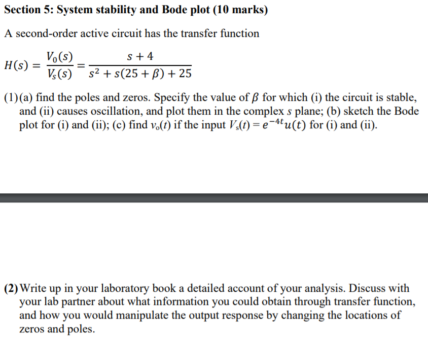 Solved Section 5: System stability and Bode plot (10 marks) | Chegg.com