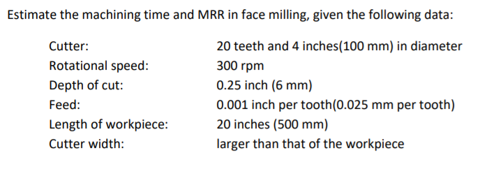 Solved Estimate the machining time and MRR in face milling, | Chegg.com