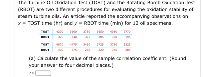 Solved The Turbine Oil Oxidation Test (TOST) and the | Chegg.com