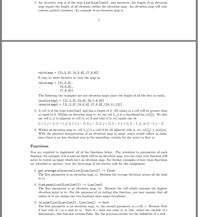 Solved I. An elevation map is of the type List[List [int]], | Chegg.com