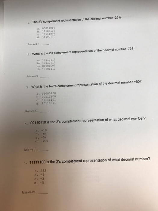 Solved The 2's complement representation of the decimal | Chegg.com