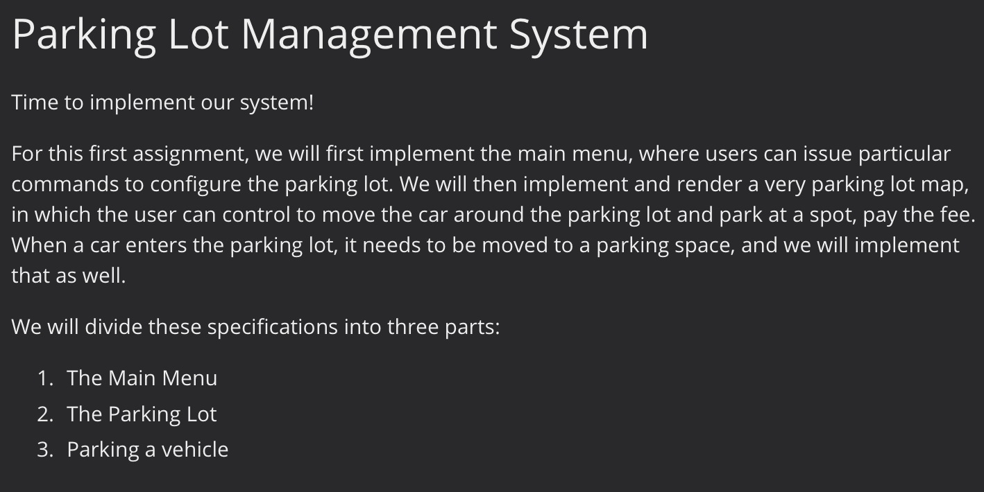 Solved Parking Lot Management System Time to implement our | Chegg.com