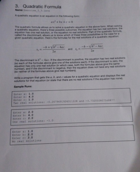Solved 3. Quadratic Formula Name: sxercise 5 3.java A | Chegg.com