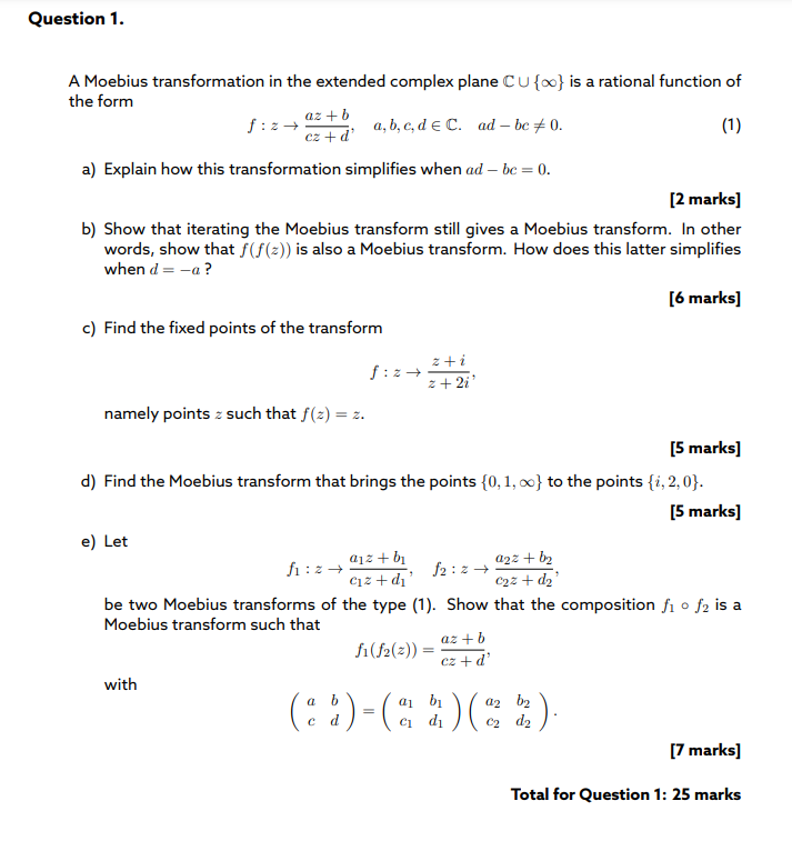 Solved A Moebius transformation in the extended complex | Chegg.com