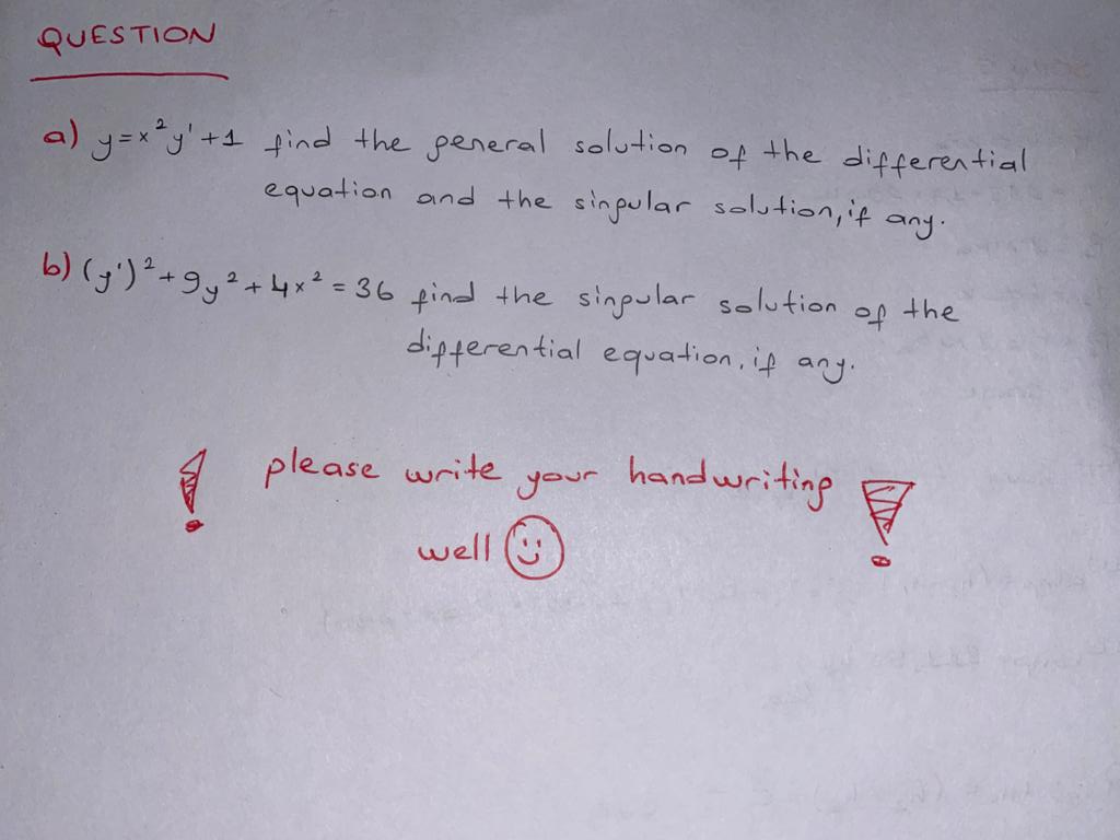 Solved a) 𝑦 = 𝑥2𝑦′ + 1 Find the general solution of | Chegg.com