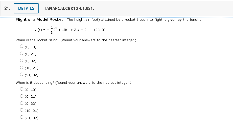 Solved 21. DETAILS TANAPCALCBR10 4.1.081. Flight of a Model | Chegg.com