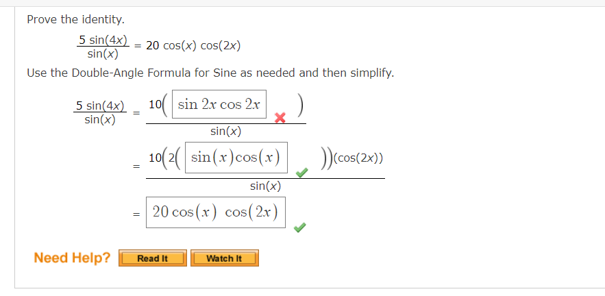 Solved Prove the identity. sin(x)5sin(4x)=20cos(x)cos(2x) | Chegg.com
