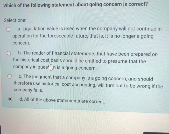 Solved Which of the following statement about going concern | Chegg.com