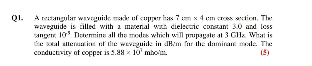 Solved Q1. ﻿A rectangular waveguide made of copper has | Chegg.com
