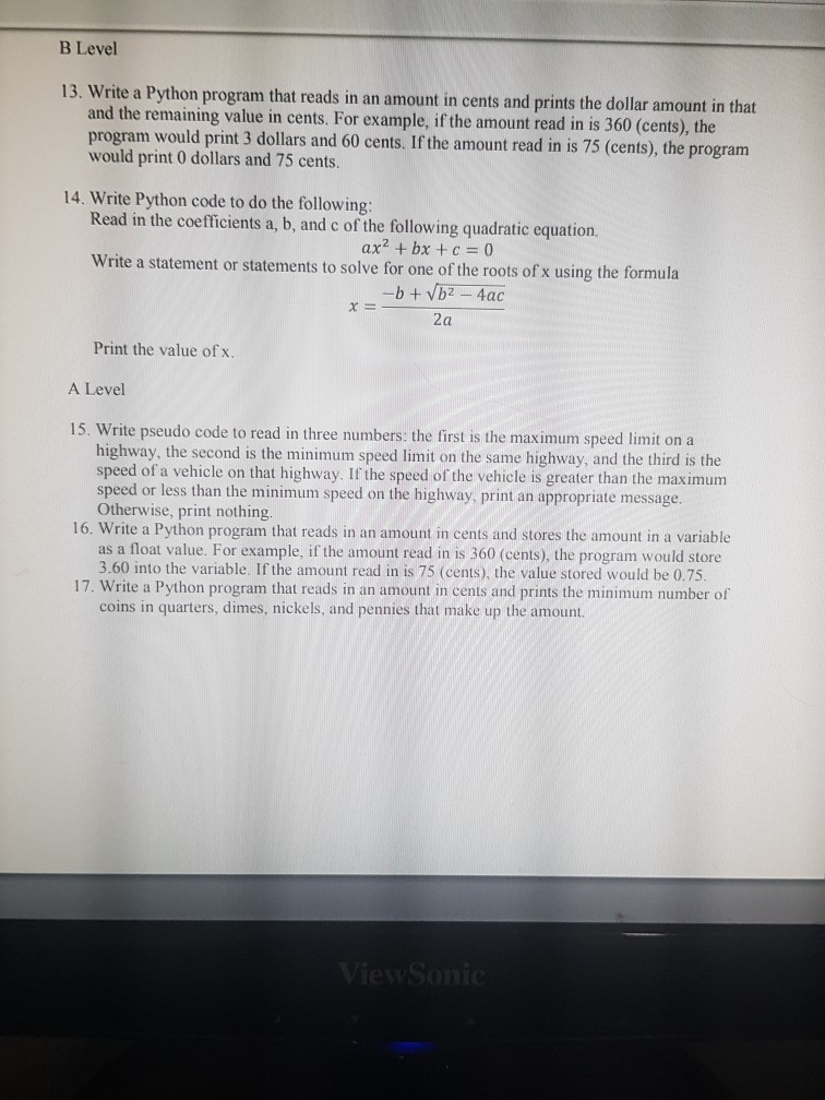 Solved B Level 13. Write a Python program that reads in an | Chegg.com