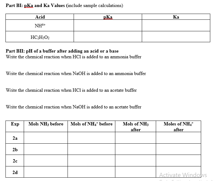 Solved Part BI: pKa and Ka Values (include sample | Chegg.com