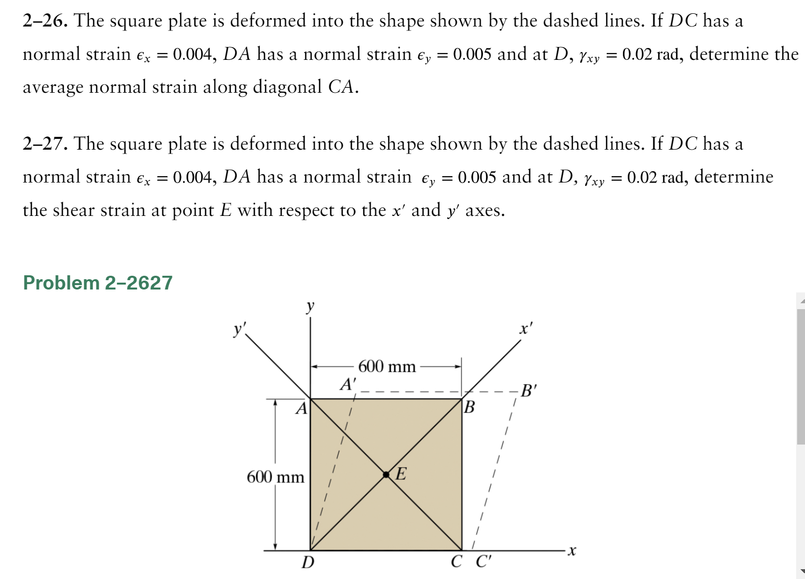 Solved 2-26. ﻿The square plate is deformed into the shape | Chegg.com