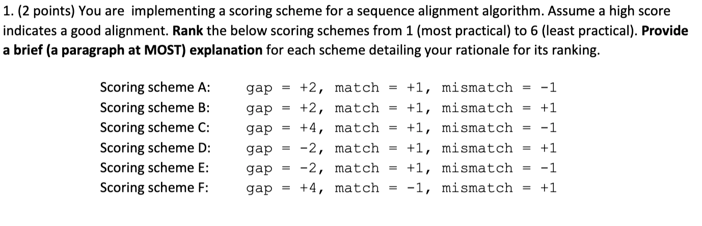 Solved 1. (2 points) You are implementing a scoring scheme | Chegg.com