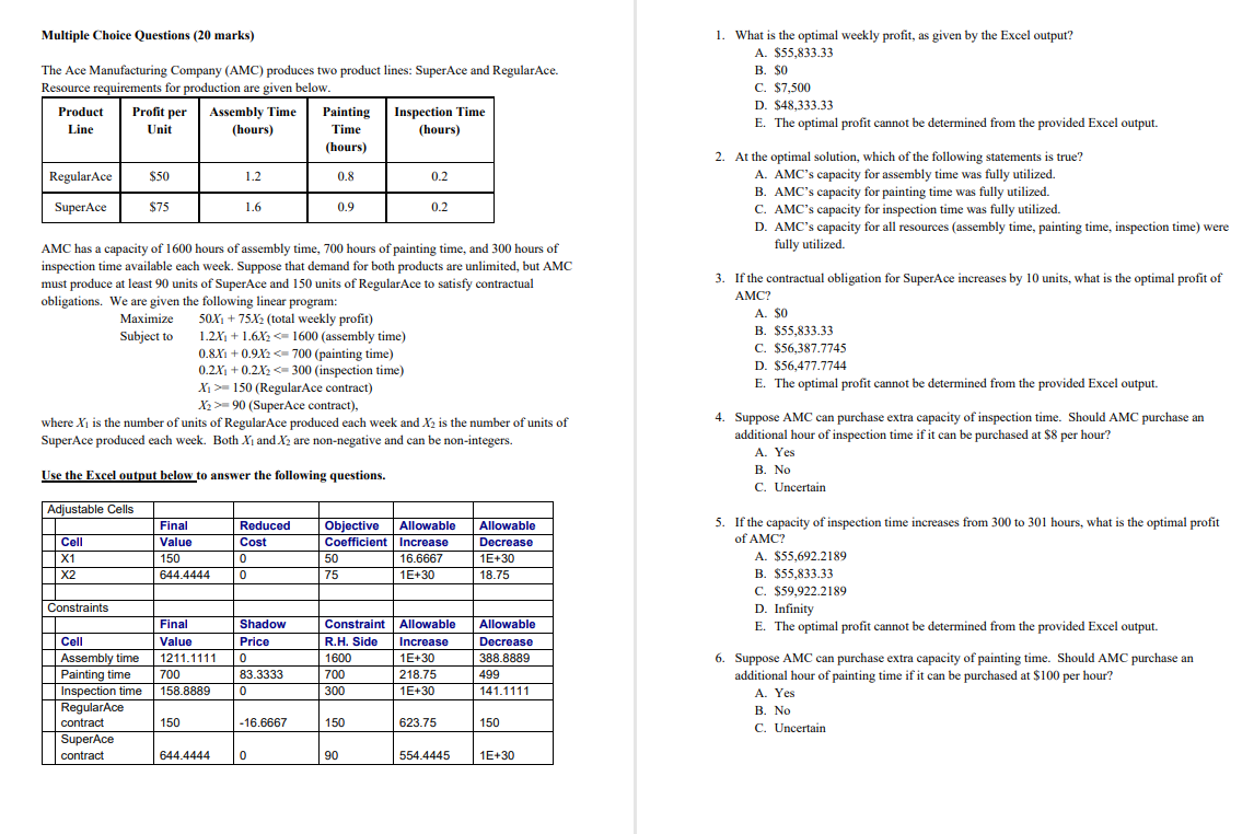 Solved Multiple Choice Questions (20 marks) The Ace | Chegg.com