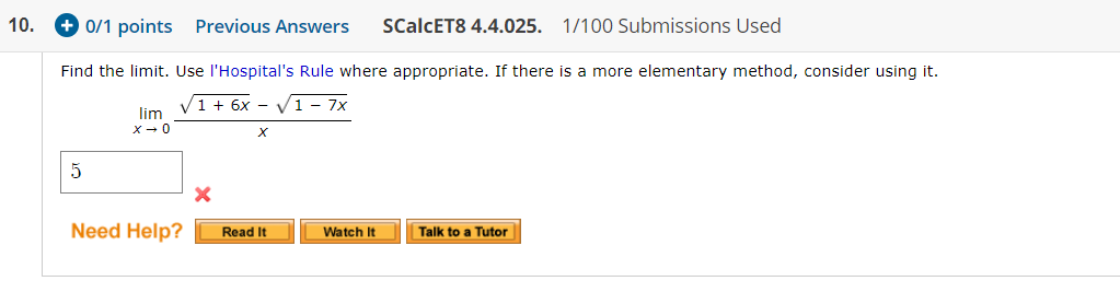 Solved 10. + 0/1 points Previous Answers SCalcET8 4.4.025. | Chegg.com