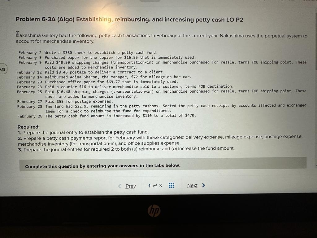 Solved Problem 6-3A (Algo) Establishing, reimbursing, and | Chegg.com