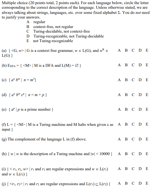 Multiple choice (20 points total, 2 points each). For | Chegg.com