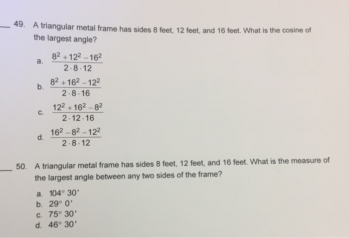 Solved triangular metal frame has sides 8 feet, 12 feet, and | Chegg.com