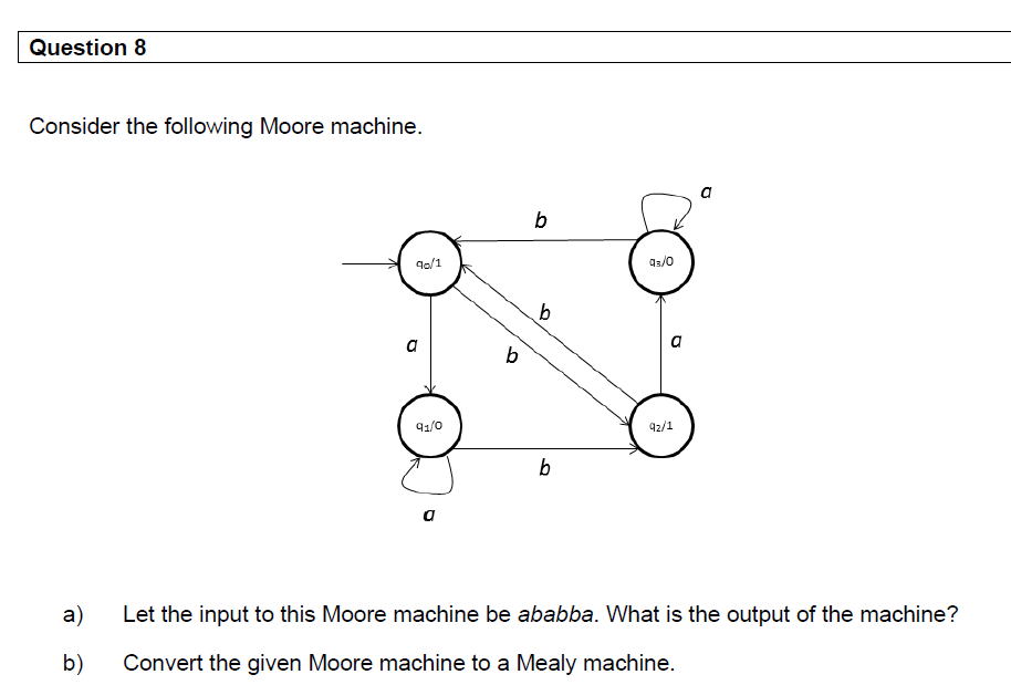 Solved Question 8 Consider the following Moore machine. 90/1 | Chegg.com