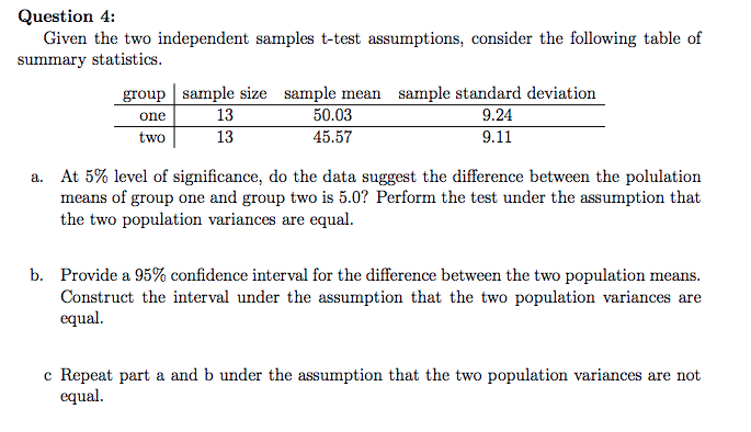 Solved Question 4: summary statistics group sample size | Chegg.com
