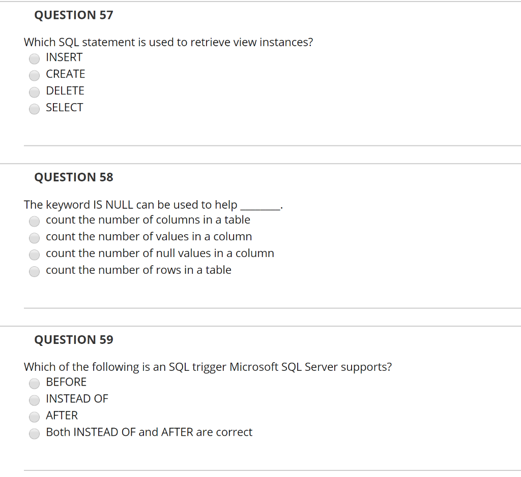 Solved QUESTION 57 Which SQL statement is used to retrieve | Chegg.com