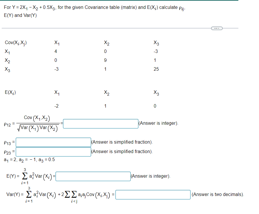 Solved For Y=2X1−X2+0.5X3, for the given Covariance table | Chegg.com