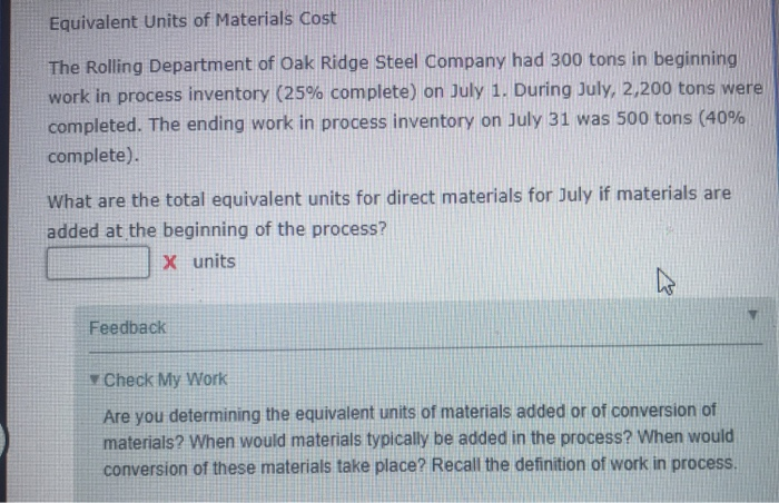 Solved Equivalent Units of Materials Cost The Rolling | Chegg.com