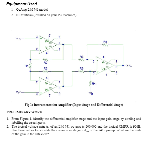 Solved Equipment Used 1 Op Amp LM 741 model 2 NI Multisim | Chegg.com