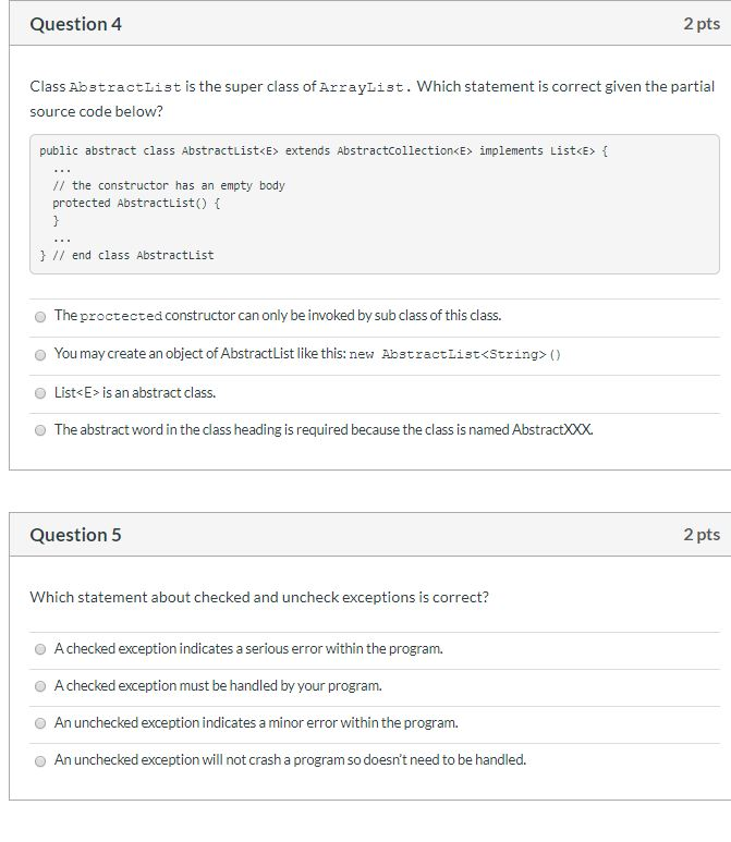 Solved Question 4 2 pts Class AbstractList is the super | Chegg.com