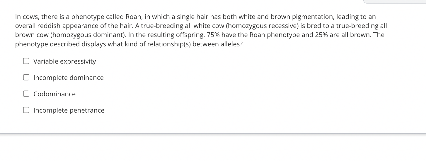 Solved In cows, there is a phenotype called Roan, in which a | Chegg.com