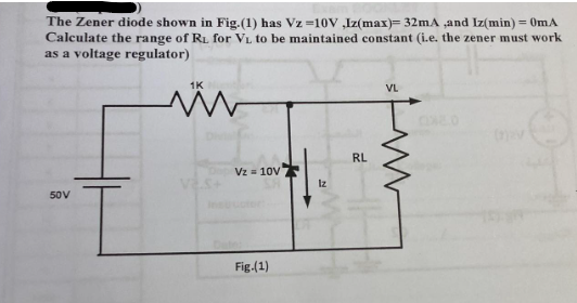 [Solved]: The Zener diode shown in Fig.(1) has Vz=10V,Iz(ma