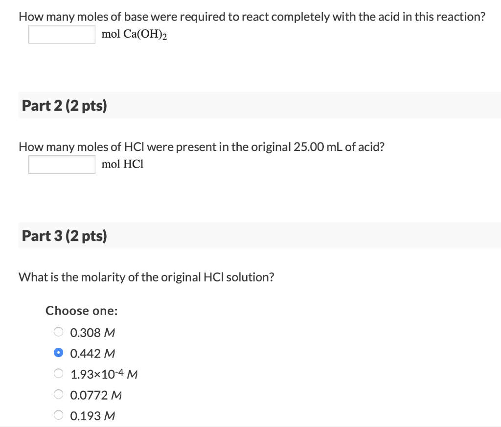 Solved Ca(OH)2 (aq) + 2HCl(aq) → CaCl2 (aq) +H20(1) An | Chegg.com