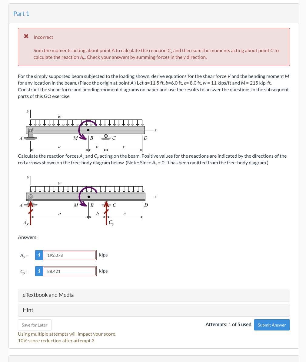 X Incorrect Sum the moments acting about point A to | Chegg.com