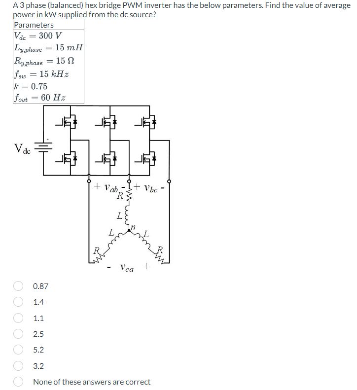 Solved A 3 phase (balanced) hex bridge PWM inverter has the | Chegg.com