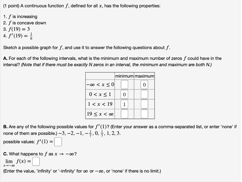 Solved (1 point) A continuous function f, defined for all x, | Chegg.com