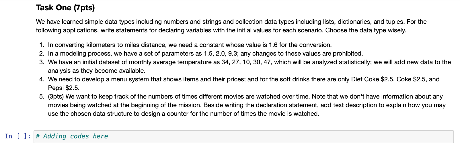 Solved Task One (7pts) We have learned simple data types | Chegg.com