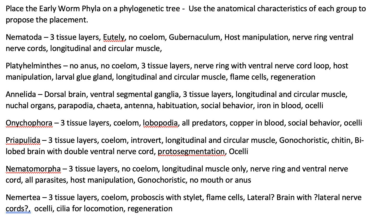 Place the Early Worm Phyla on a phylogenetic tree - | Chegg.com