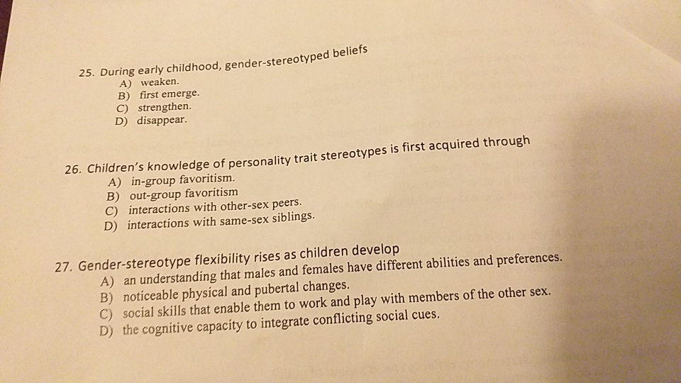 Solved gender-stereotyped beliefs 25. During early | Chegg.com