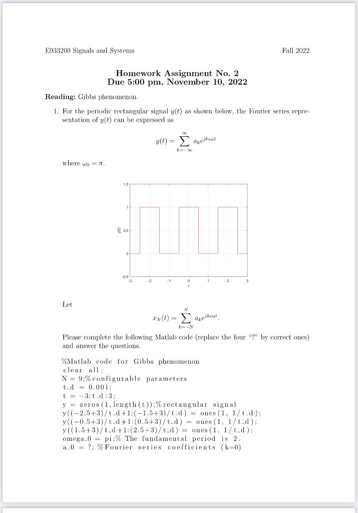 1. For the periodic rectangular signal y(t) as shown | Chegg.com